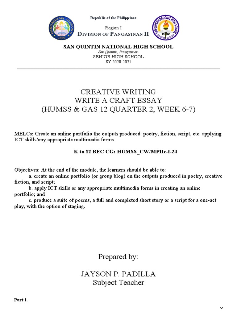 Creative Writing Write A Craft Essay (Humss & Gas 12 Quarter 2, Week 6 ...