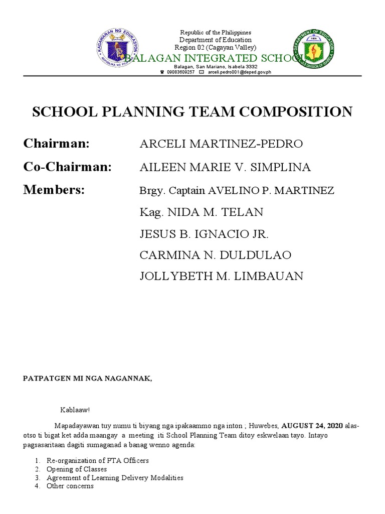 School Planning Team Composition: Chairman: Co-Chairman: Members | PDF ...