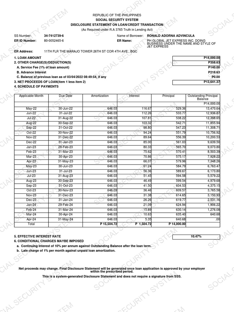 SSS Loan Disclosure Statement for Ronald Adorna Advincula | PDF | Loans ...