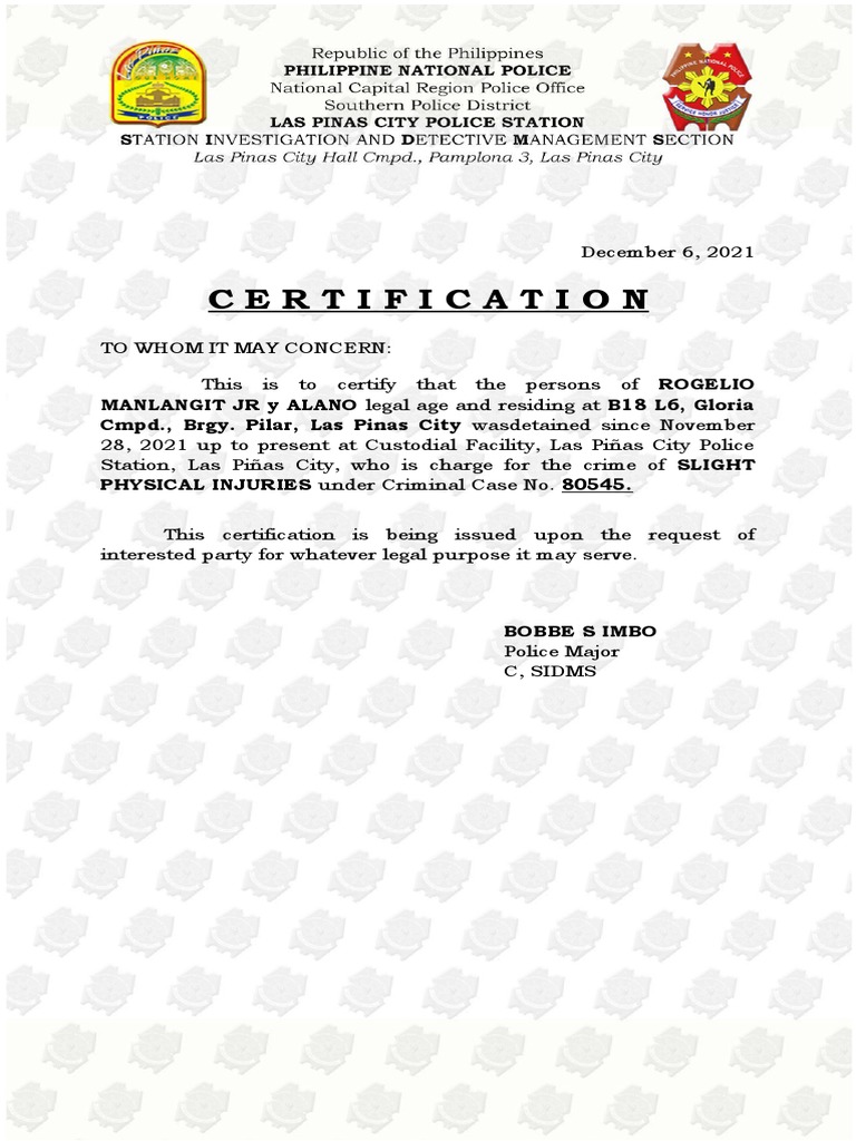 Certificate of Detention - Las Piñas City | PDF | Law Enforcement ...