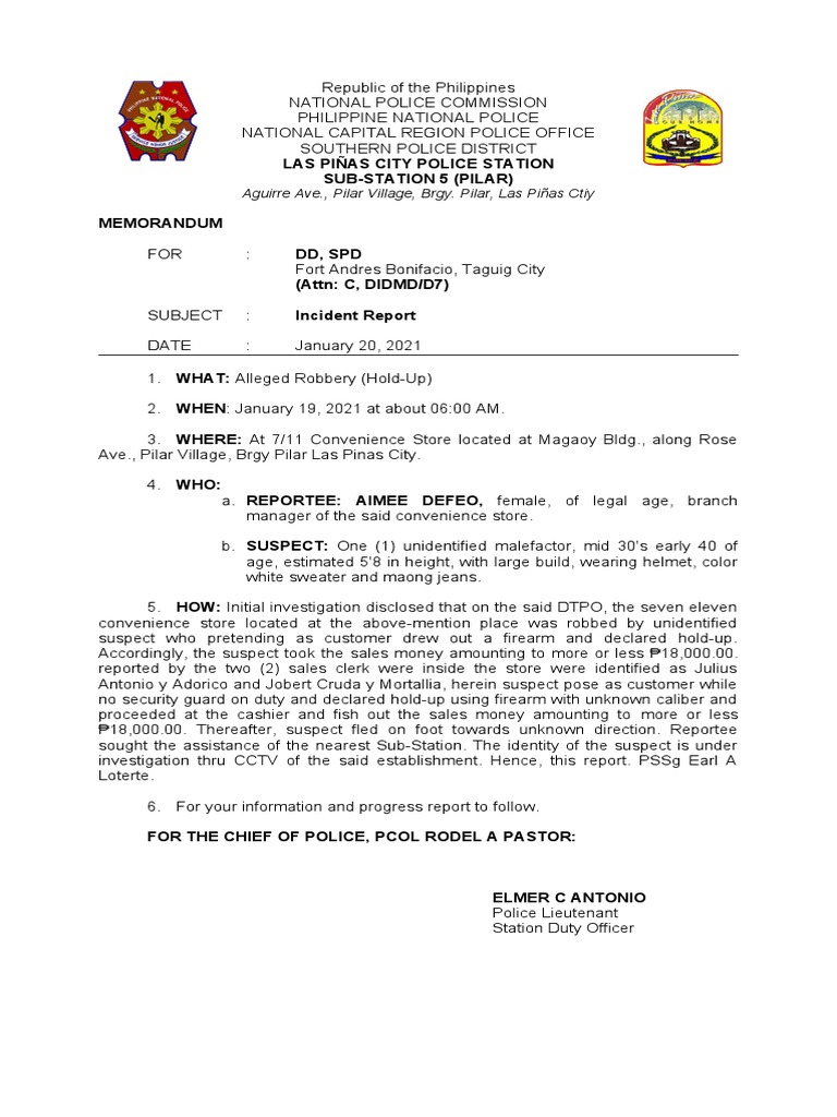 Incident Report (Robbery Hold Up) | PDF | Criminal Law | Crimes