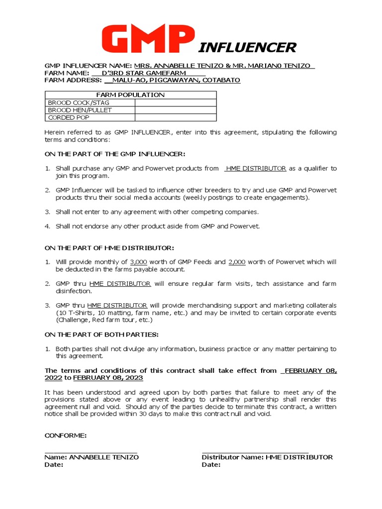 GMP-InFLUENCER-Contract of D'3rd Star Gamefarm | PDF