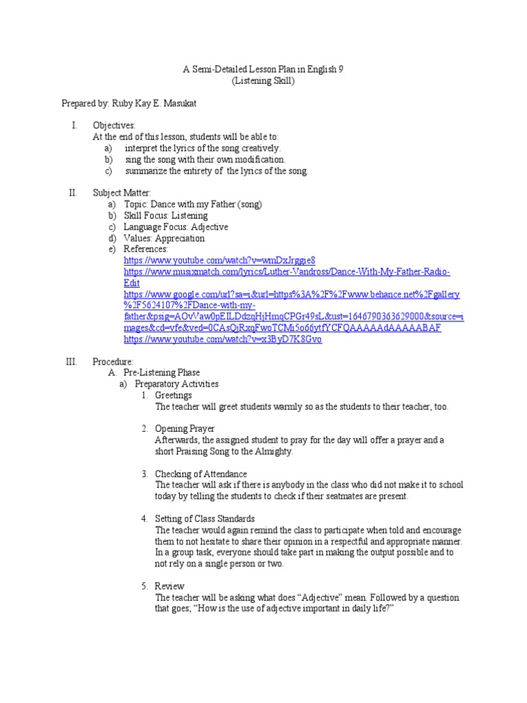 SemiDetailed Lesson Plan Listening | PDF | Teachers | Lesson Plan