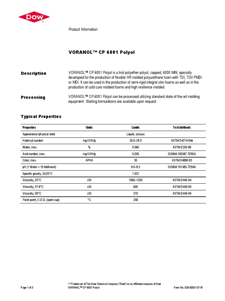 VORANOL™ CP 6001 Polyol: Description | PDF | Polyurethane | Chemistry