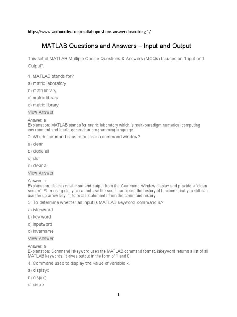 Matlab Questions And Answers Input And Output Pdf Matrix Mathematics Vector Space