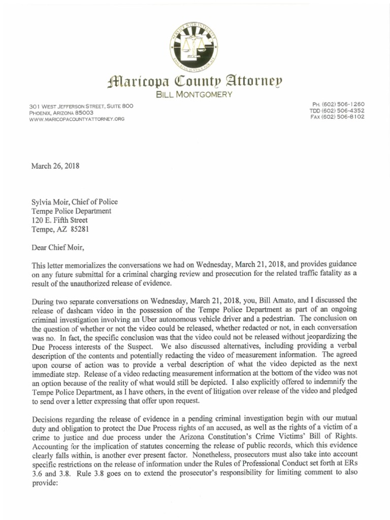 Maricopa County Attorney Letter To Tempe Police Department Chief | PDF