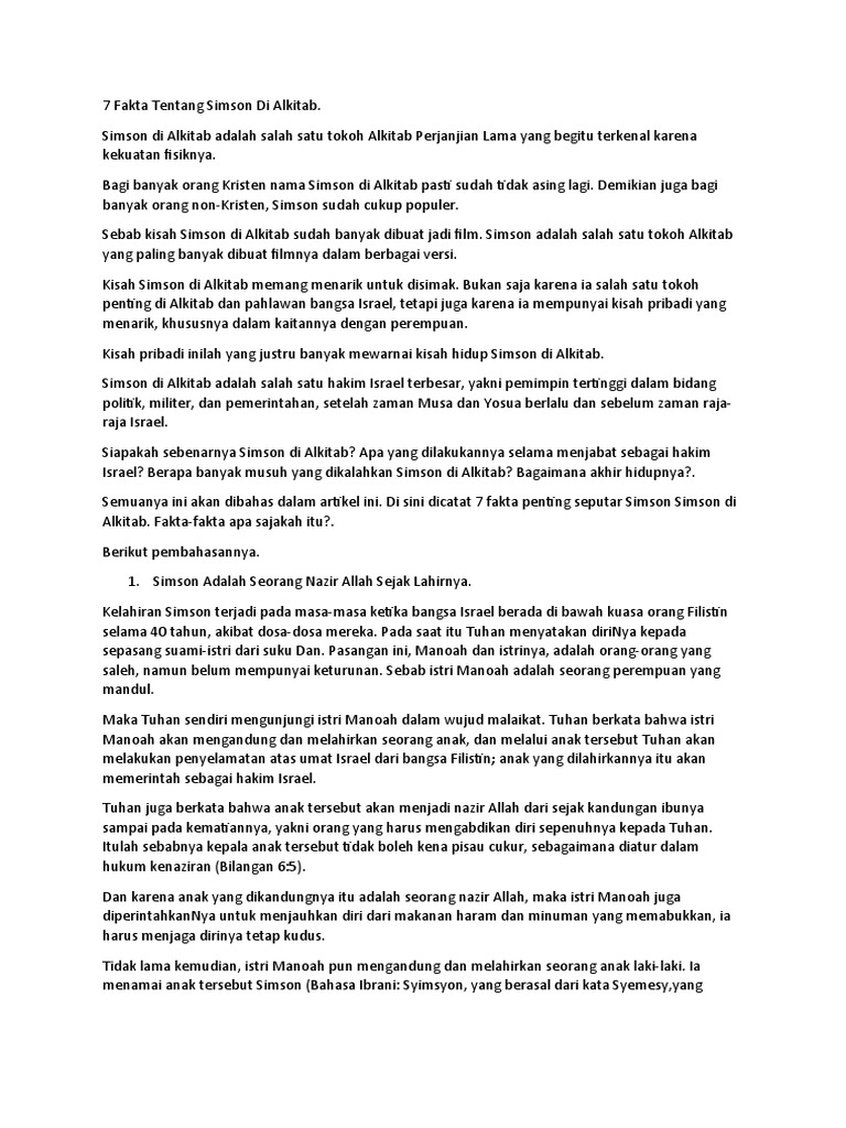 7 Fakta Tentang Simson Di Alkitab | PDF