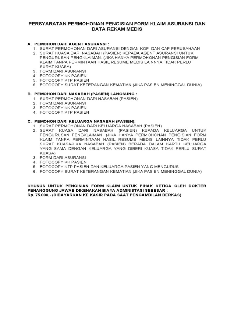 Persyaratan Permohonan Pengisian Form Klaim Asuransi Dan Data Rekam
