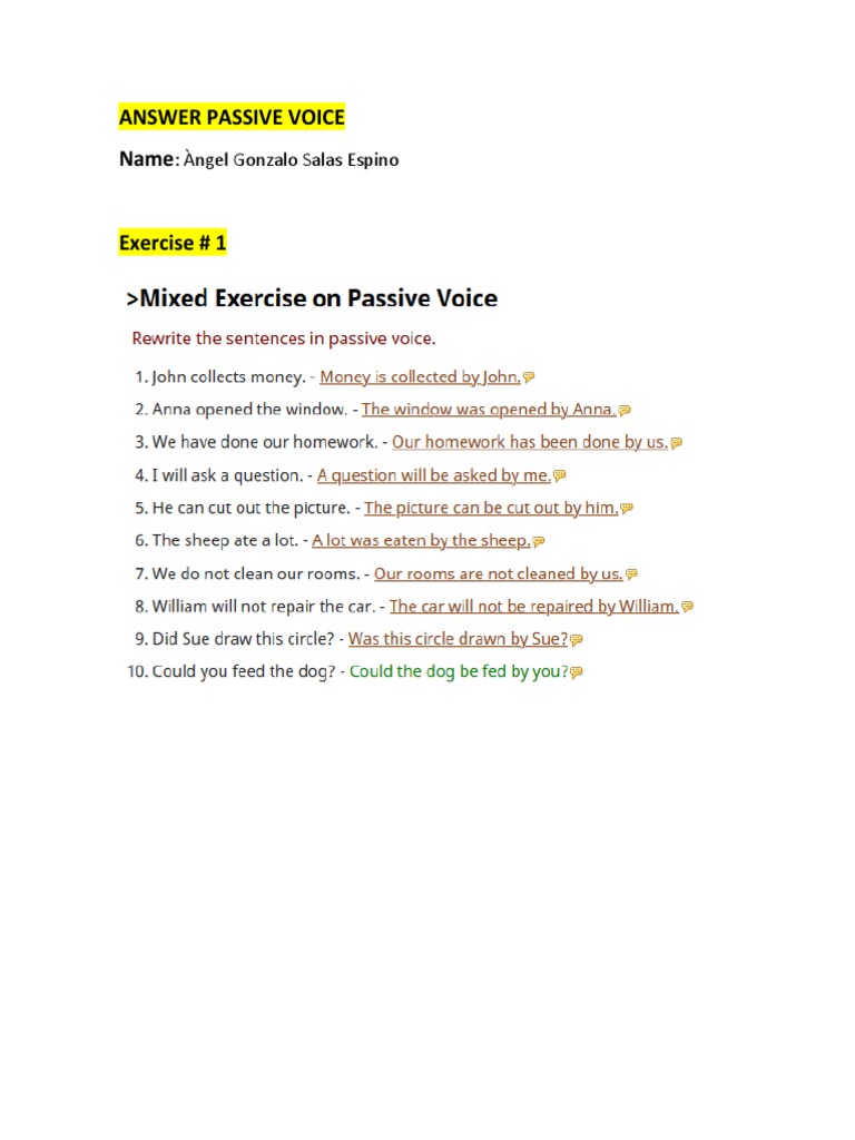 Answer Passive Voice Name Exercise # 1:: Àngel Gonzalo Salas Espino ...