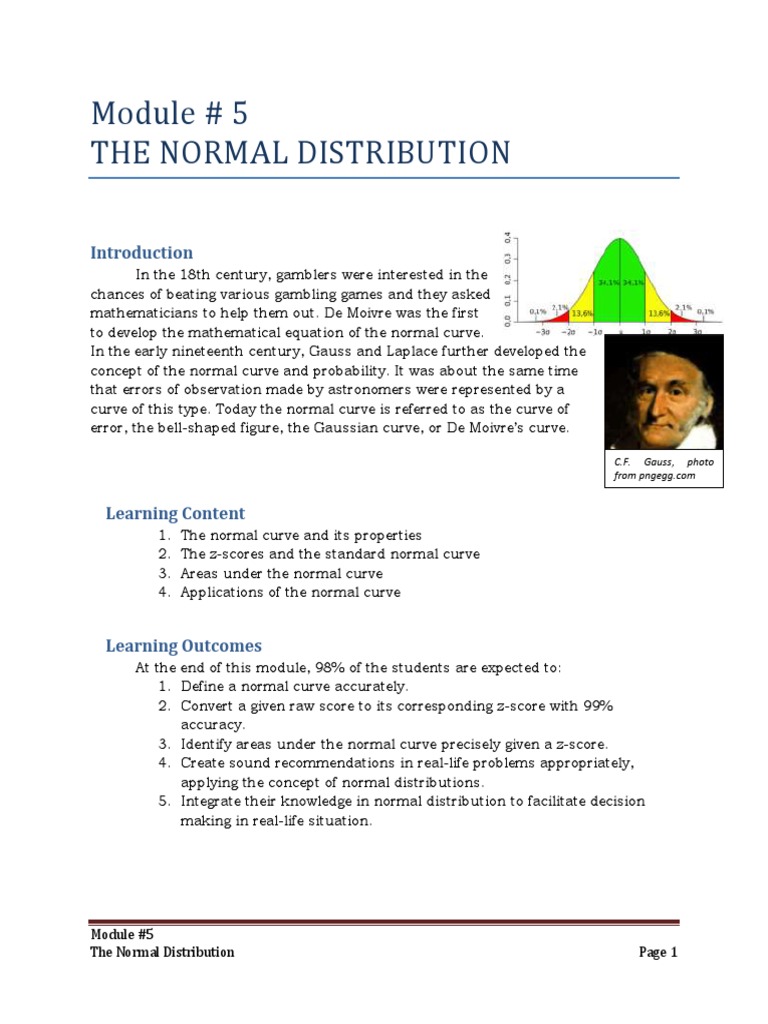Module 6 - Normal Curve | PDF | Normal Distribution | Probability ...