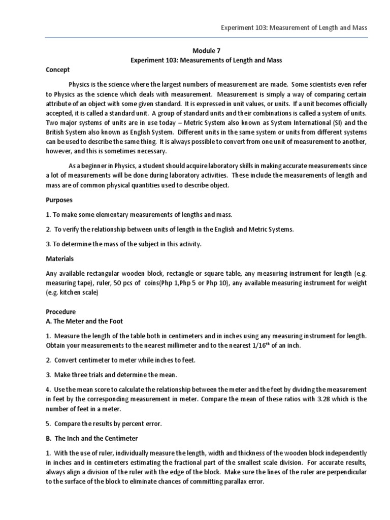 Biophysics: Experiment 103: Measurements of Length and Mass | PDF ...