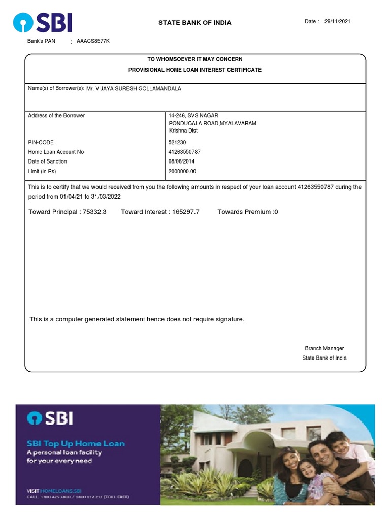 State Bank of India: To Whomsoever It May Concern Provisional Home Loan Interest Certificate | PDF