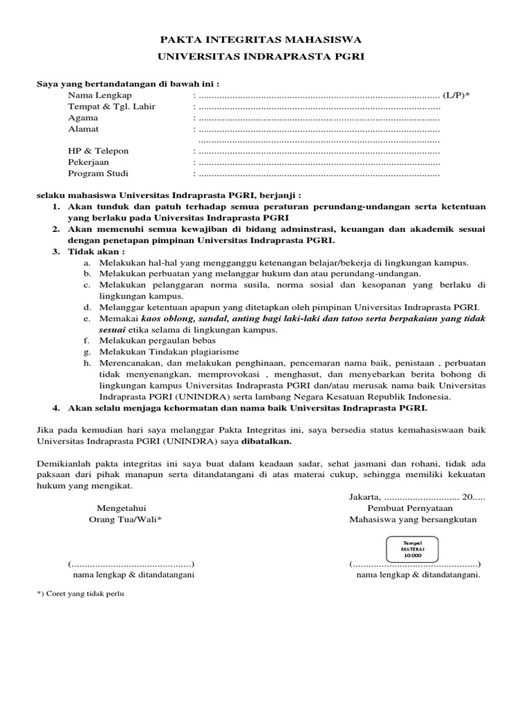 Pakta Integritas Mahasiswa UNINDRA | PDF