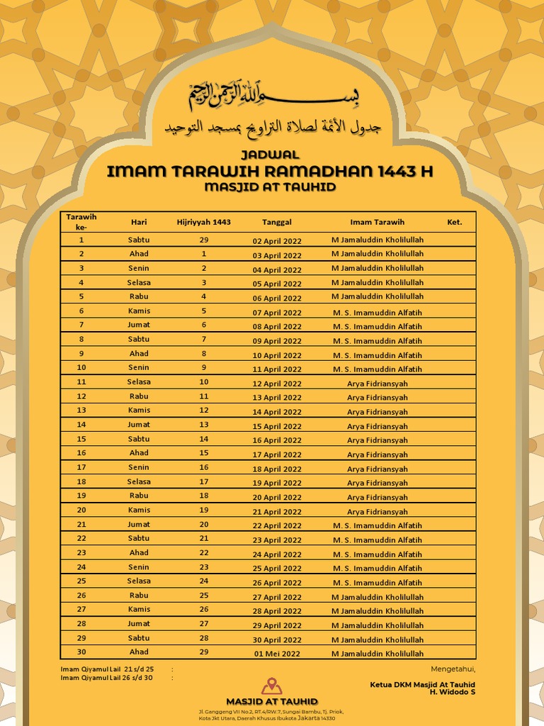 Jadwal Imam Tarawih MAT 1443 H | PDF