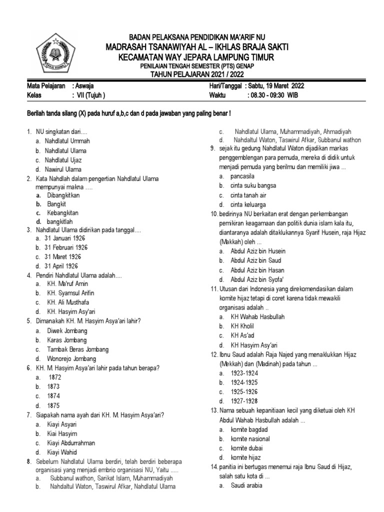 UTS Aswaja Kelas VII Semester 2 | PDF