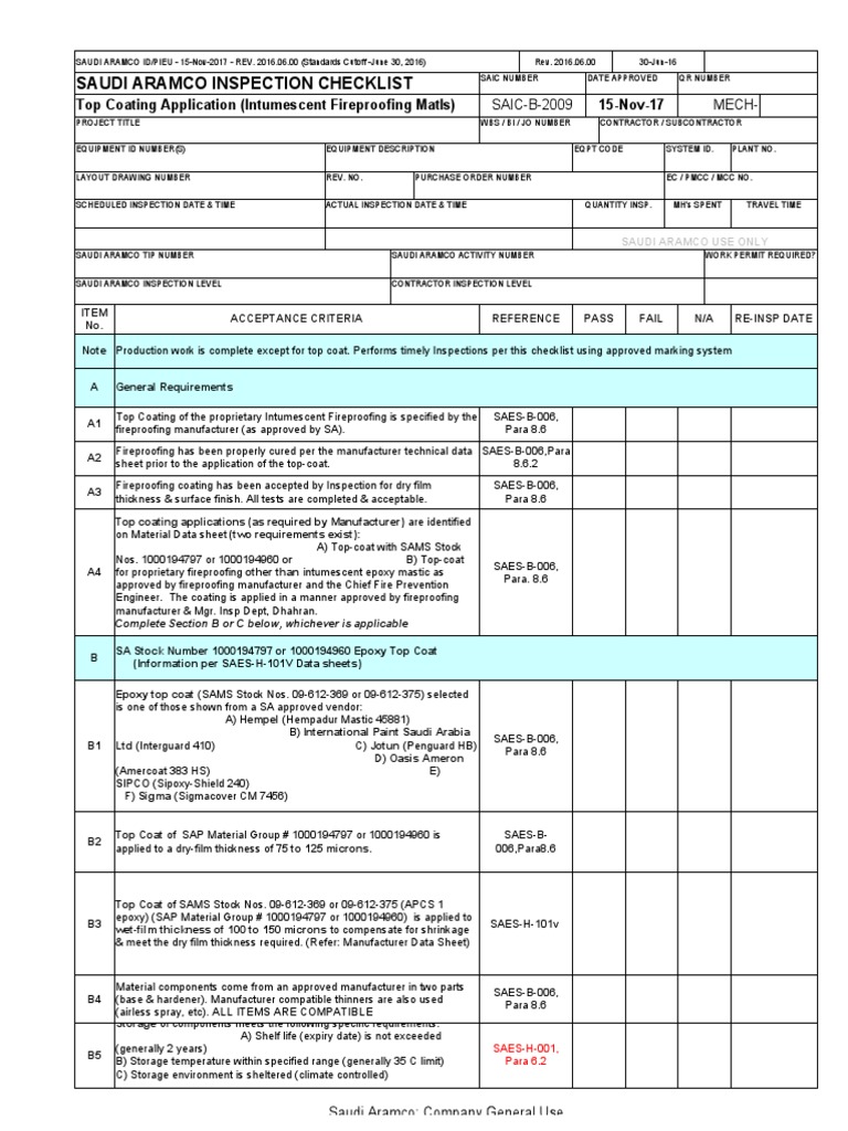 Saudi Aramco Inspection Checklist: Top Coating Application (Intumescent ...