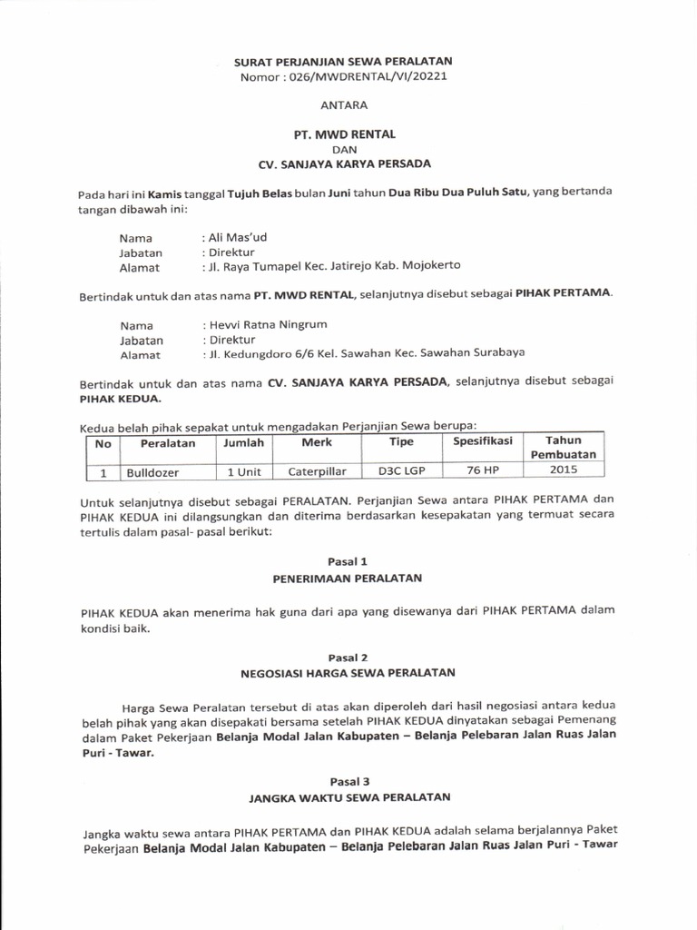 Surat Perjanjian Sewa Alat MWD Puri Tawar Sanjaya | PDF