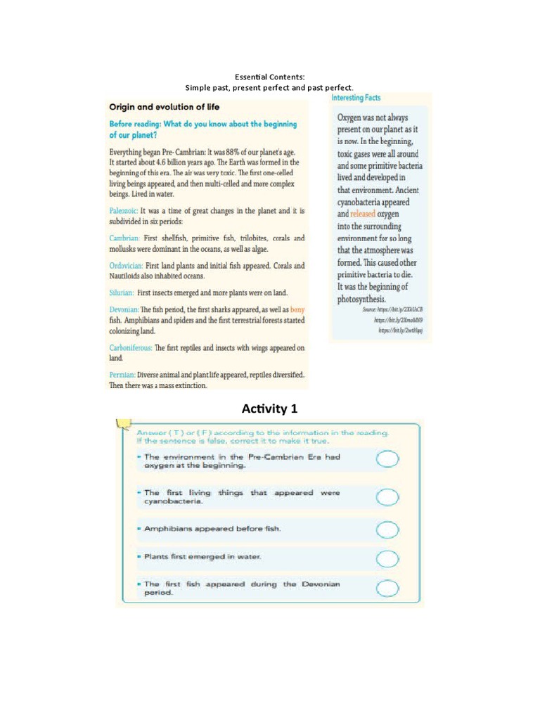 Activity 1: Essential Contents: Simple Past, Present Perfect and Past ...