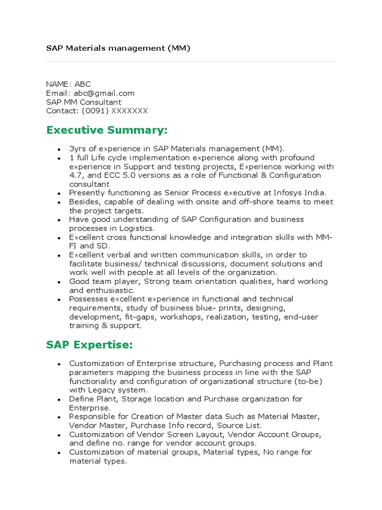 Sap MM Sample Resume | PDF | Consultant | Business Process