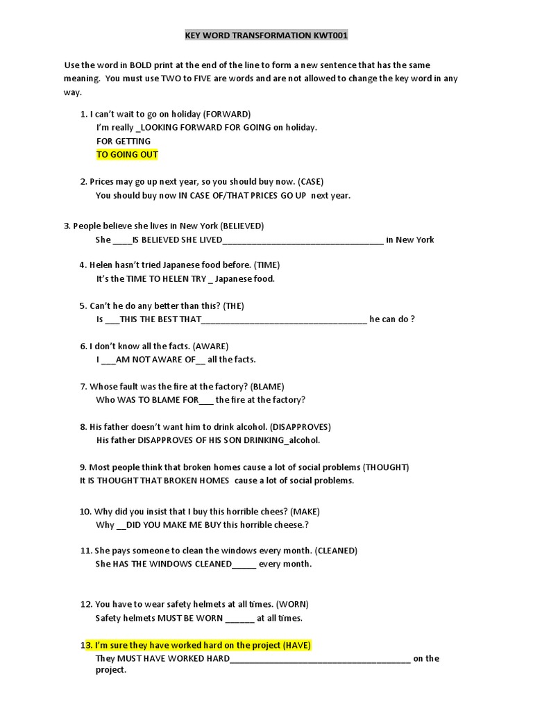 Cls Key Word Transformation 001 - English Grammar Worksheets | PDF