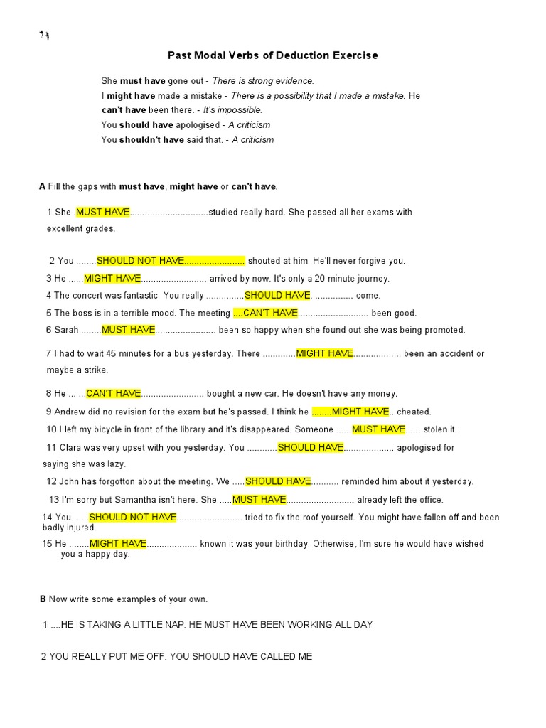 Past Modal Verbs of Deduction Exercise: Can't Have Been There. - It's Impossible | PDF