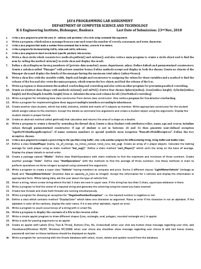 Java Assignment 2018 3rd Year 1 Pdf Method Computer Programming Class Computer 