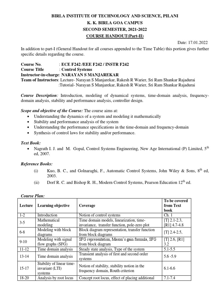 Handout - 2021 22 - Sem2 - ECE EEE INSTR - F242 Control Systems | PDF | Control Theory | Algorithms