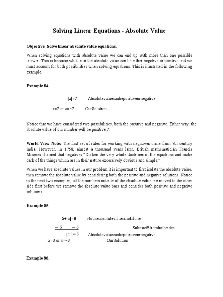 Solving Absolute Value Equations | PDF | Equations | Numbers