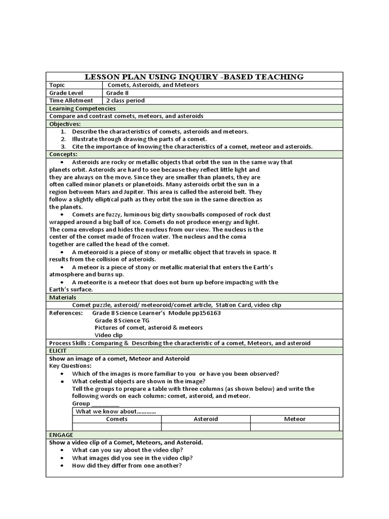 Lesson Plan Using Inquiry - Based Teaching: Show An Image of A Comet ...