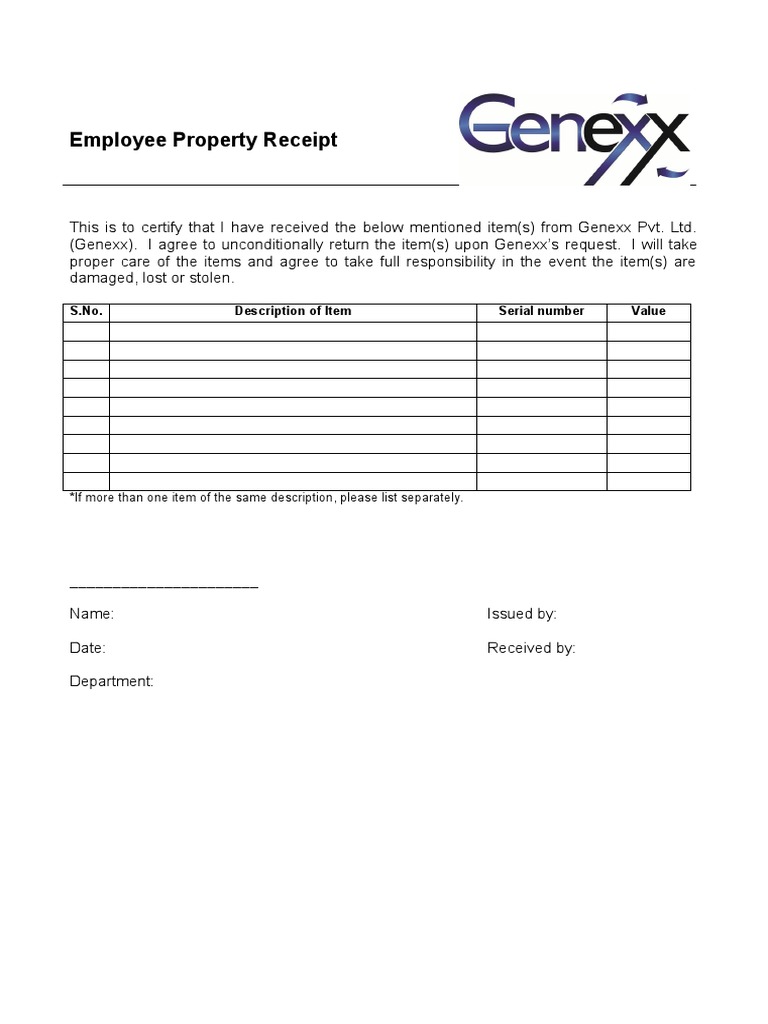 Employee Property Receipt Form | PDF