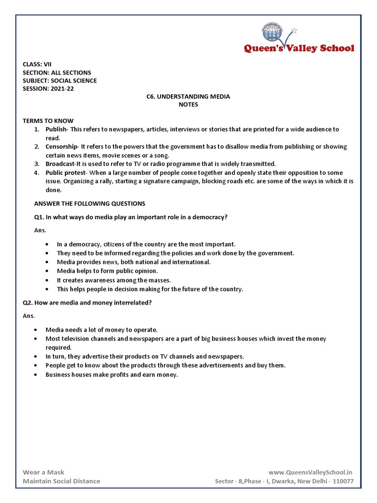 Class 7 - Social Science - C6. Understanding Media - Notes | PDF | Mass ...