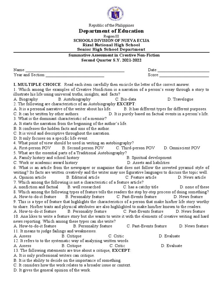 Creative Non-Fiction Assessment Guide | PDF | Narration | Creative ...