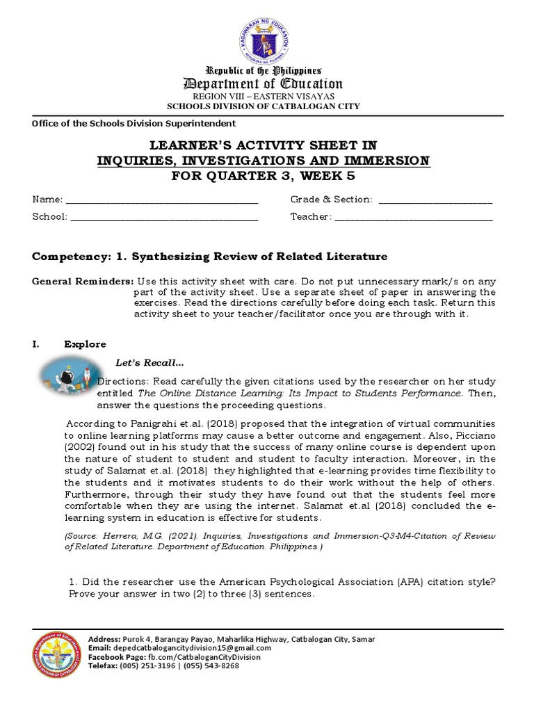 Learner's Activity Sheet: RRL Synthesis | PDF | Educational Technology ...