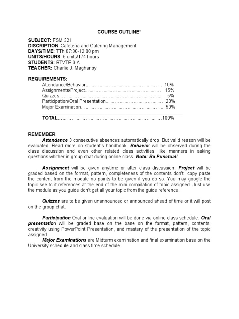 Adding Catering to a Restaurant Course Outline | PDF | Home Economics ...