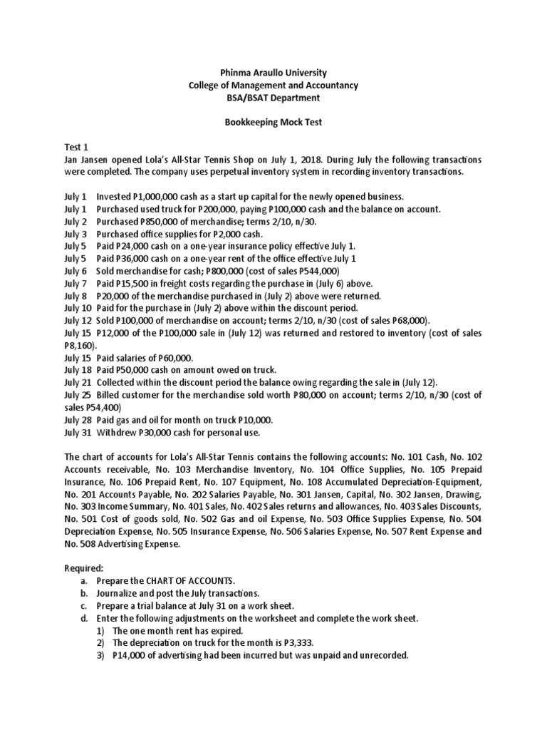 Bookkeeping Mock Test | Download Free PDF | Debits And Credits | Expense