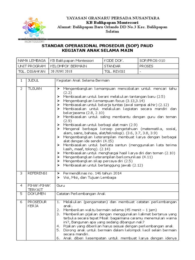 Sop Paud Kegiatan Selama Main | PDF