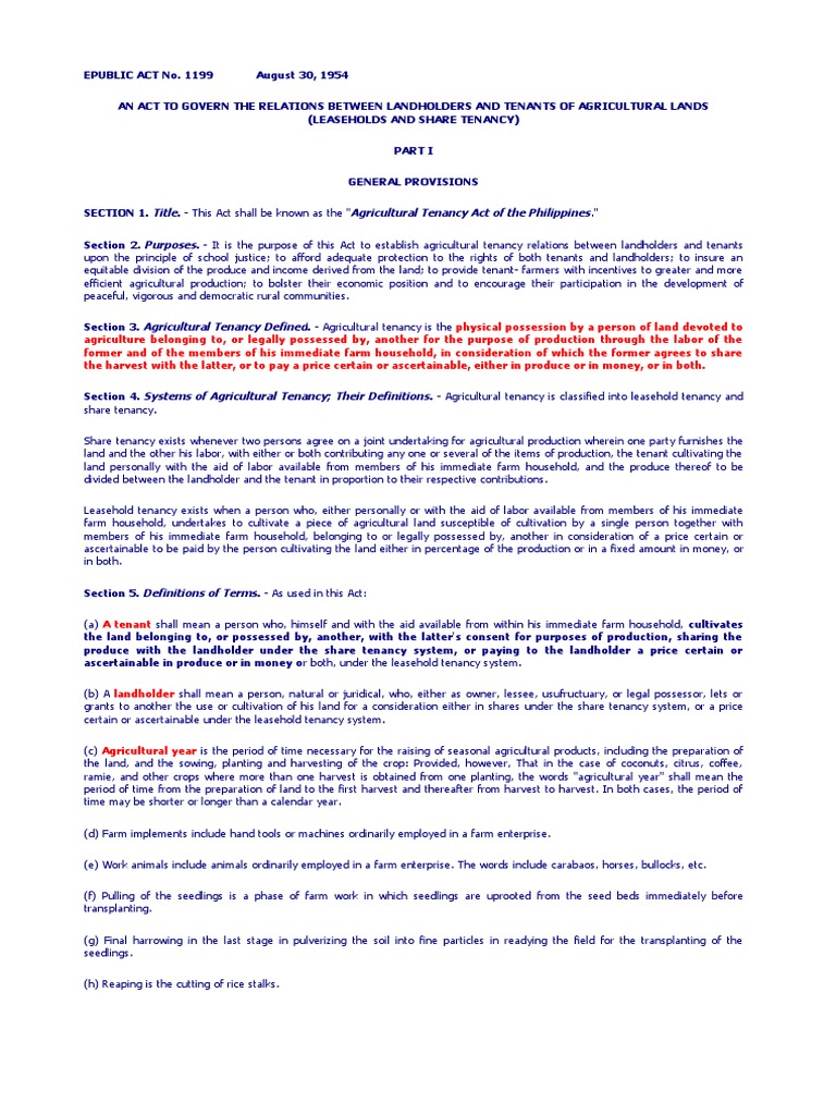 Agricultural Tenancy Act of 1954 | PDF | Leasehold Estate | Lease