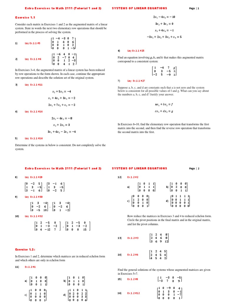 (Revised) Extra Exercises To Math 2111 (Tutorial 1 and 2) System of Linear Equations | PDF ...