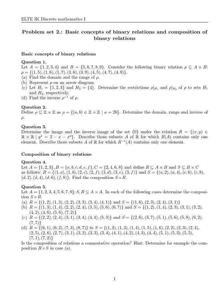 Problem Set 2.: Basic Concepts of Binary Relations and Composition of Binary Relations | PDF ...