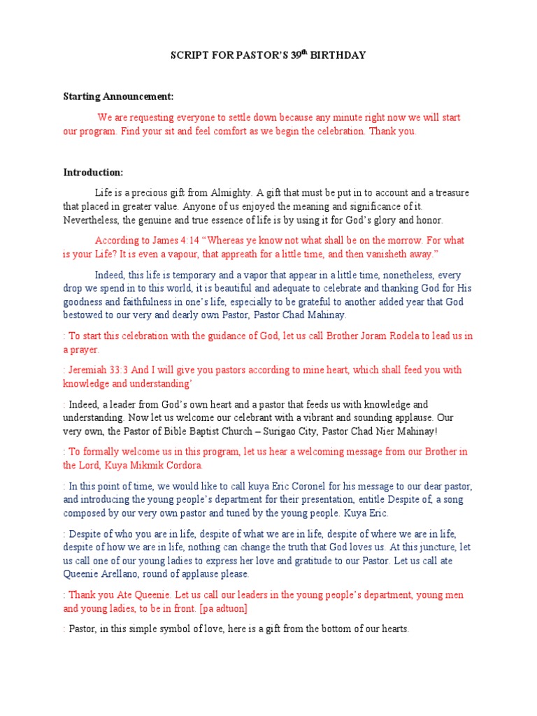 Script For Pastor'S 39 Birthday Starting Announcement | PDF | Religious ...