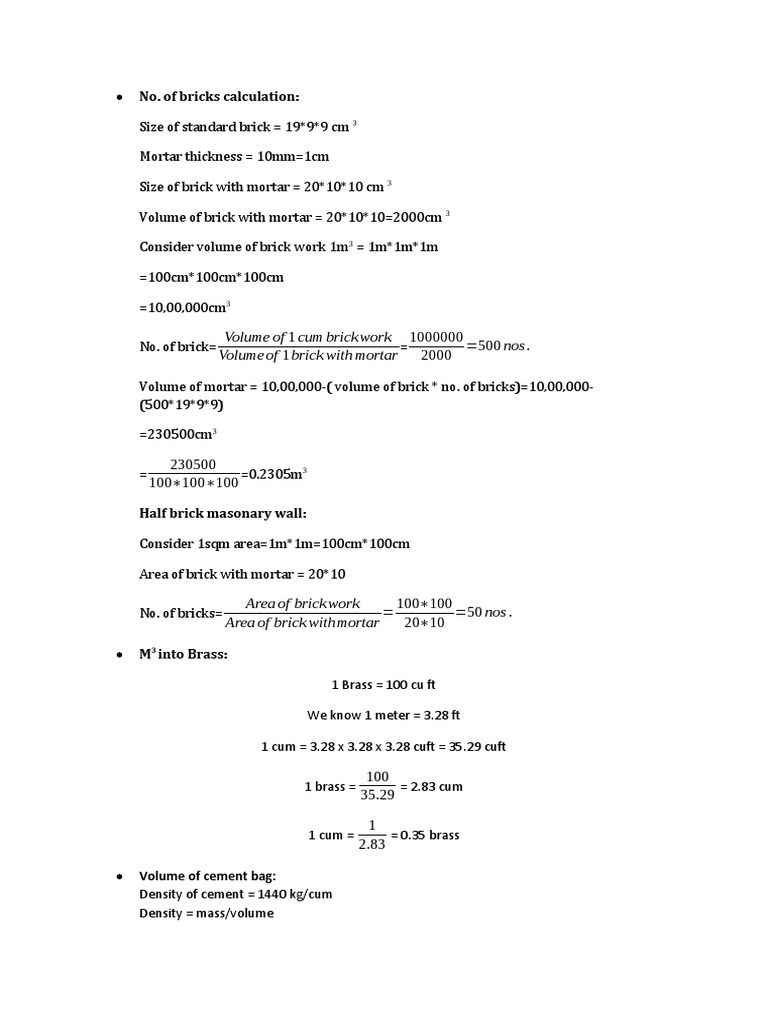 Volume of 1cum Brick Work Volumeof 1brick With Mortar: Half Brick ...