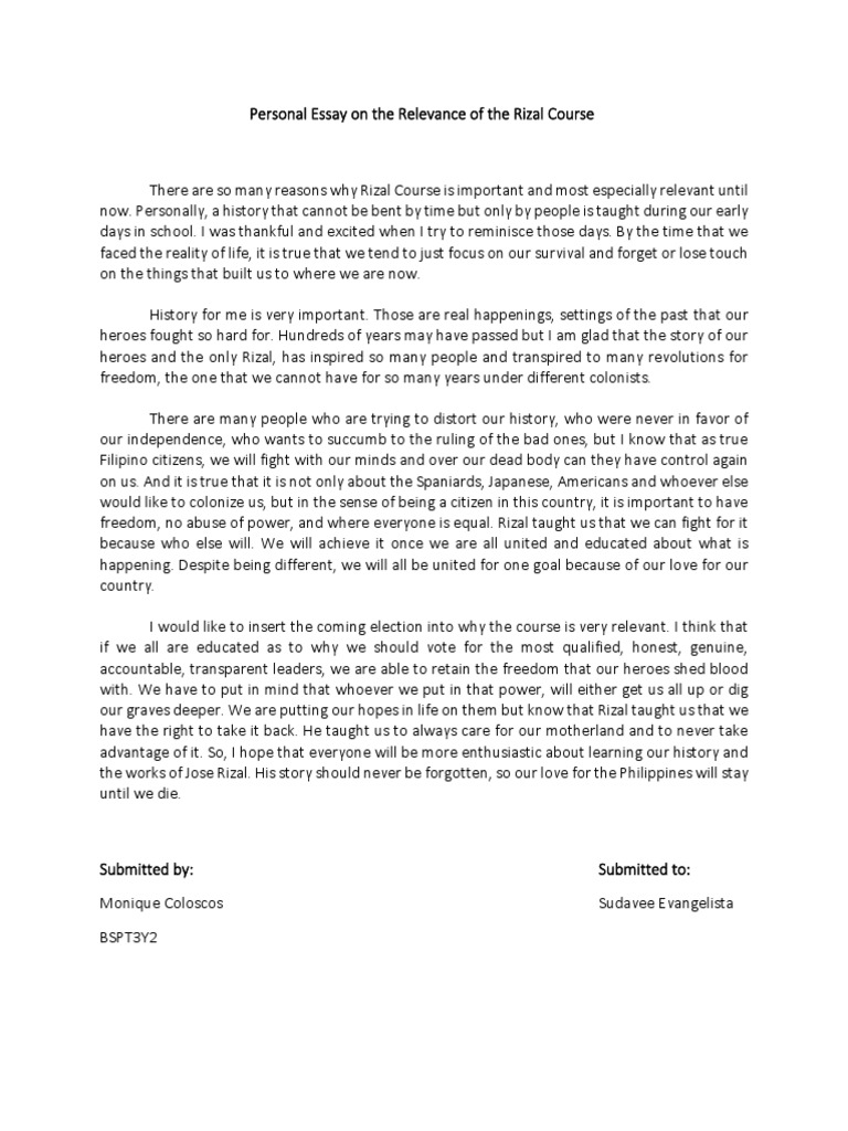 Personal Essay On The Relevance of The Rizal Course | PDF