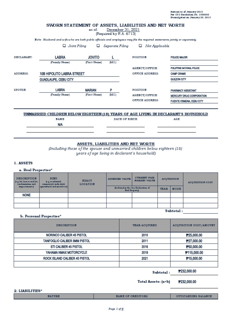 Sworn Statement of Assets, Liabilities and Net Worth of Police Major ...