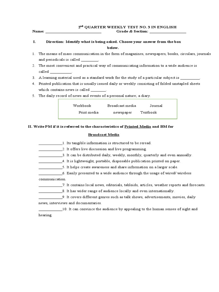 2nd QUARTER WEEKLY TEST NO 3 IN ENGLISH | PDF
