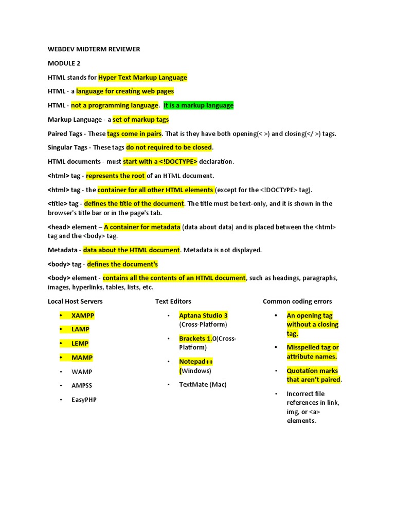 Webdev Midterm Reviewer | PDF | Html Element | Html