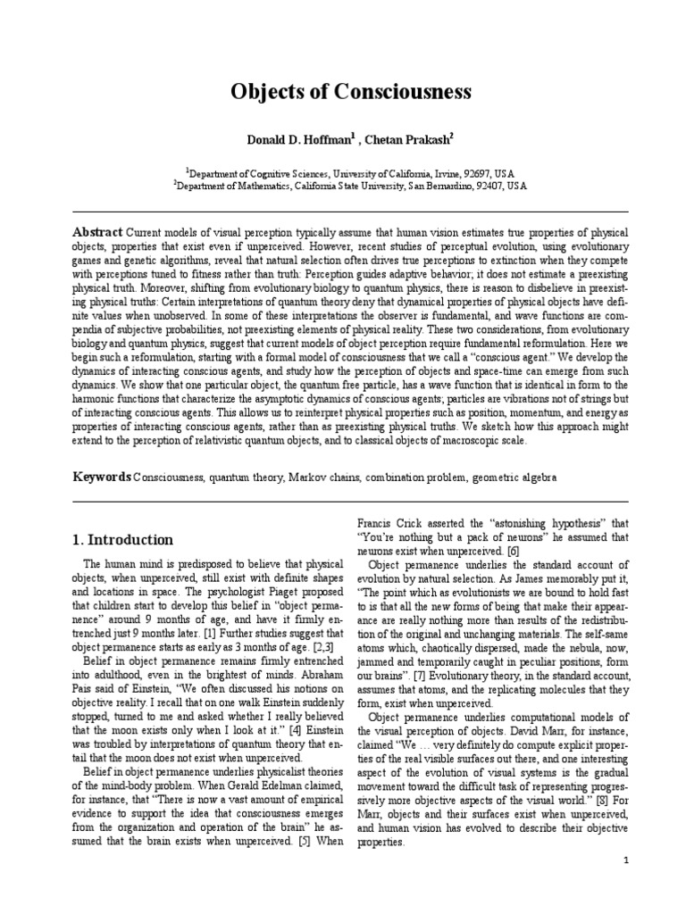 Objects of Consciousness | PDF | Consciousness | Perception