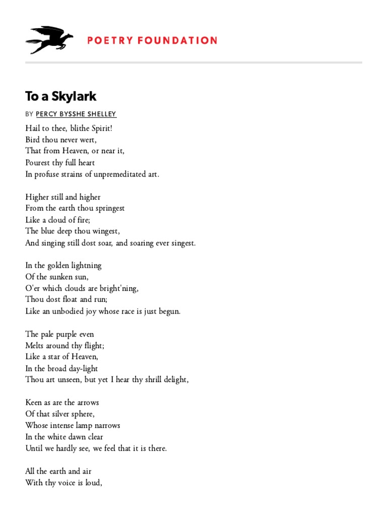 To A Skylark by Percy Bysshe Shelley - Poetry Foundation | PDF