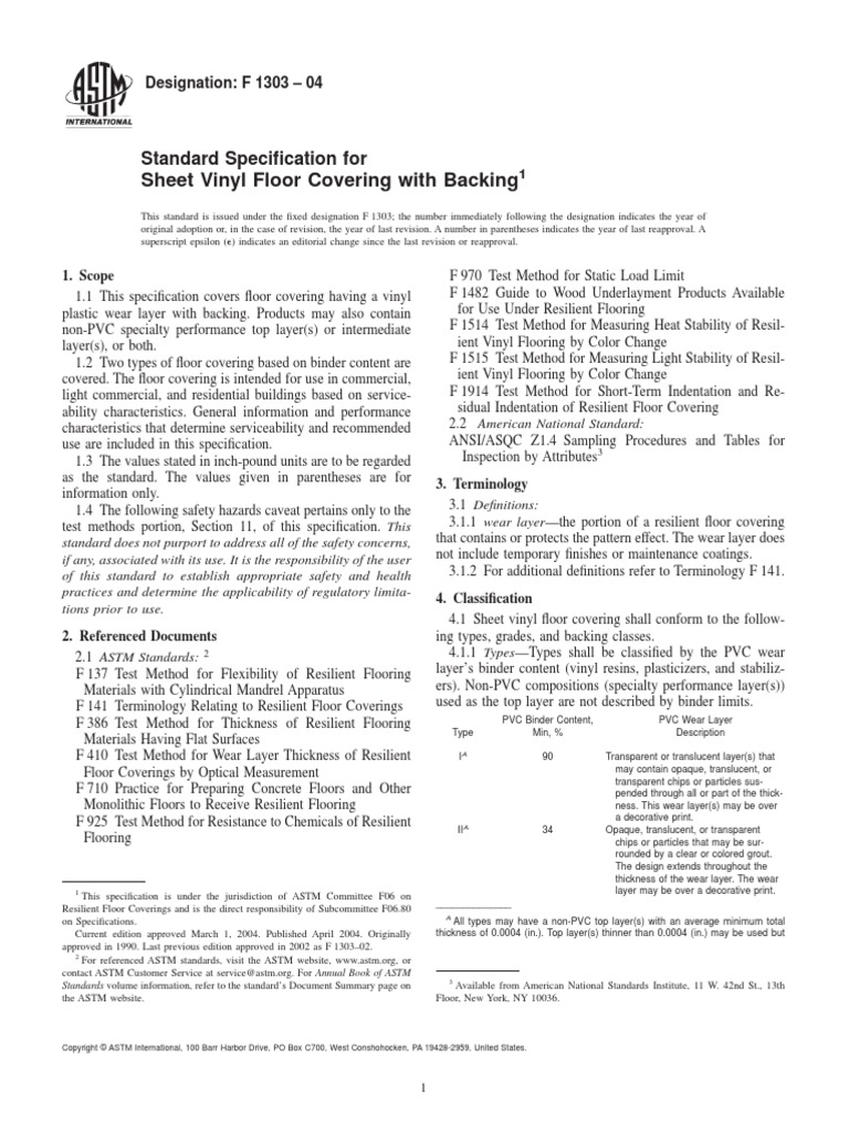 Sheet Vinyl Floor Covering With Backing: Standard Specification For | PDF