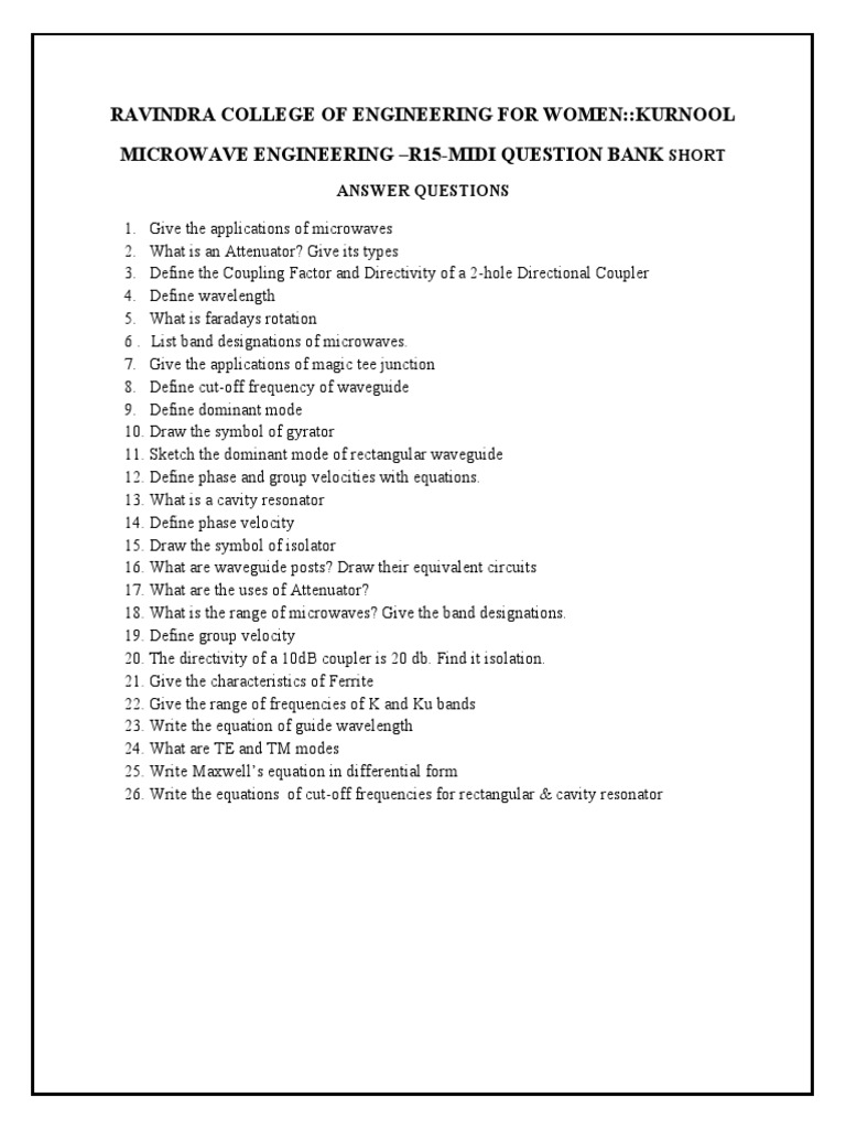Ravindra College of Engineering For Women::Kurnool Microwave Engineering - R15-Midi Question ...