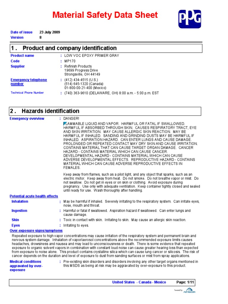 Material Safety Data Sheet: Product and Company Identification 1 | PDF ...